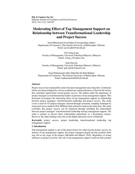 Pdf Moderating Effect Of Top Management Support On Relationship Between Transformational