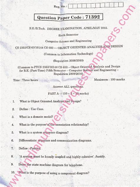 Object Oriented Analysis And Design Cs2353 Be Cse Anna University 6th Semester Question Paper