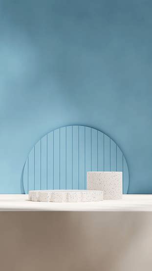 벽에 세로 원 모양 3d 렌더링 빈 모형 흰색과 파란색 테라 조 연단 0명에 대한 스톡 사진 및 기타 이미지 0명 3차원 형태 강단 Istock