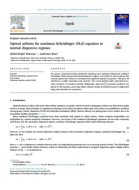 Pdf Optical Solitons For Nonlinear Schrödinger Nls Equation In Normal Dispersive Regimes