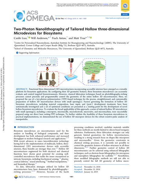 Pdf Two Photon Nanolithography Of Tailored Hollow Three Dimensional Microdevices For Biosystems