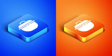 파란색과 주황색 배경에 격리 된 등색 요리 냄비 아이콘 끓이거나 음식 기호를 스튜 정사각형 버튼입니다 벡터 3차원 형태에 대한 스톡 벡터 아트 및 기타 이미지 Istock