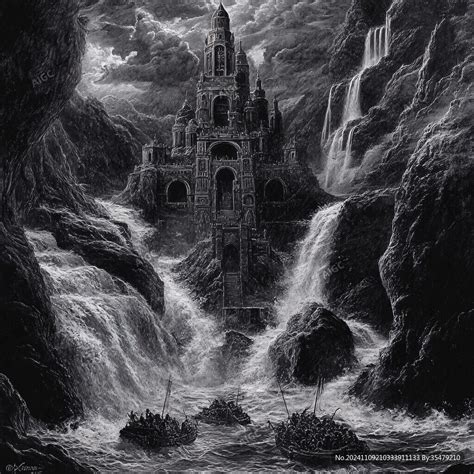 Ai创作图画深渊立体画 超现实的城堡与水 末日立体画 图欧式场景 神话场景图 超现实主义的城堡 阴郁的克苏鲁神话 城堡概念艺术 暗海刻石插画