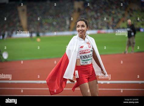 Sofia Ennaoui With Her Countrys Flag At The European Athletics Championships In Munich 2022
