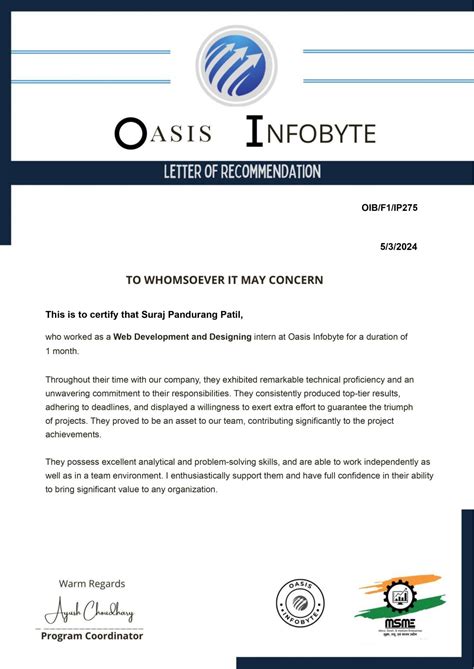 Suraj Patil On Linkedin Recommendation Oasisinfobyte Oibsip