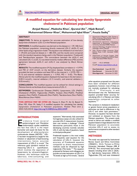 Pdf A Modified Equation For Calculating Low Density Lipoprotein Cholesterol In Pakistani