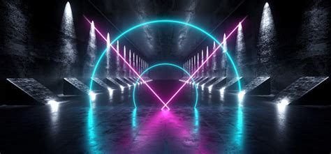 공상 과학 Fi 형광 미래 현대 구체적인 그런 지 네온 레트로 빛나는 자주색 분홍색 파란 삼각형 원 건축 모양 점화 레이저 홀로그램 갱도 홀 차고 우주선 3d 렌더링 0명에