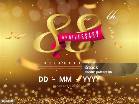 골드 배경에 88 년 기념일 로고 템플릿 88th 빨간색 리본 벡터와 색종이 고립 된 디자인 요소와 황금 숫자를 축 하 0명에 대한 스톡 벡터 아트 및 기타 이미지 Istock