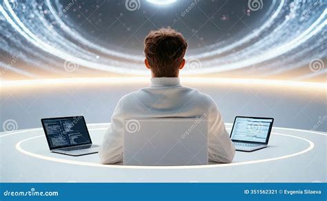 Young Caucasian Male Programmer In Futuristic Workspace With Dual