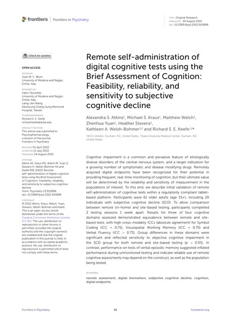 Pdf Remote Self Administration Of Digital Cognitive Tests Using The
