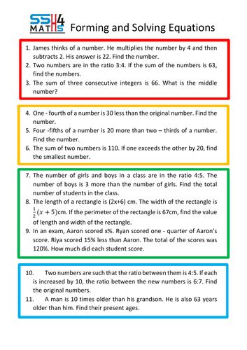 Forming And Solving Linear Equations Teaching Resources