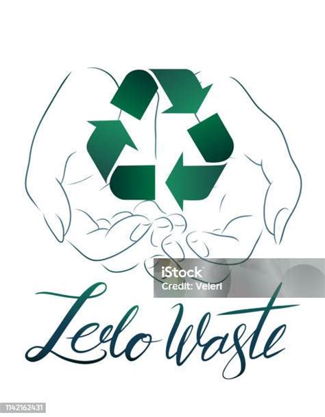손으로 그린 재활용의 흔적을 들고 손의 윤곽 그림 녹색 잎 폐기물 제로 브러시 서 예 재활용 및 폐기물 제로 감소에 대한 스톡