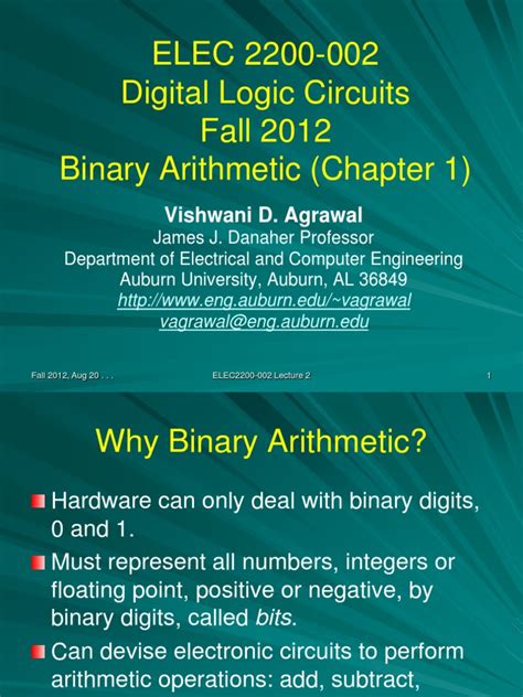 Elec 2200 002 Digital Logic Circuits Fall 2012 Binary Arithmetic Chapter 1 Pdf Division