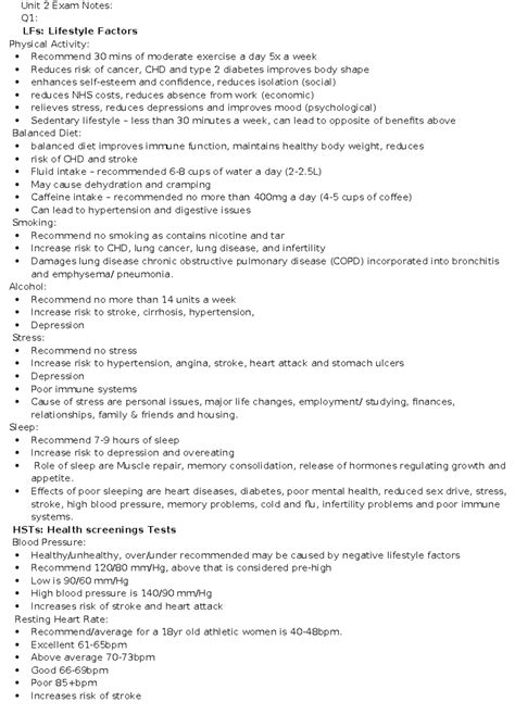 Unit 2 Hst Exam Notes Lifestyle Factors And Health Recommendations