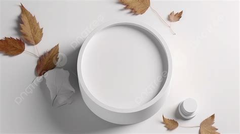 나뭇잎의 그림자 상위 뷰 3d 렌더링이 있는 빈 흰색 실린더 모형 흰색 원 평평한 평신도 배경 3d 배경 배경 일러스트 및
