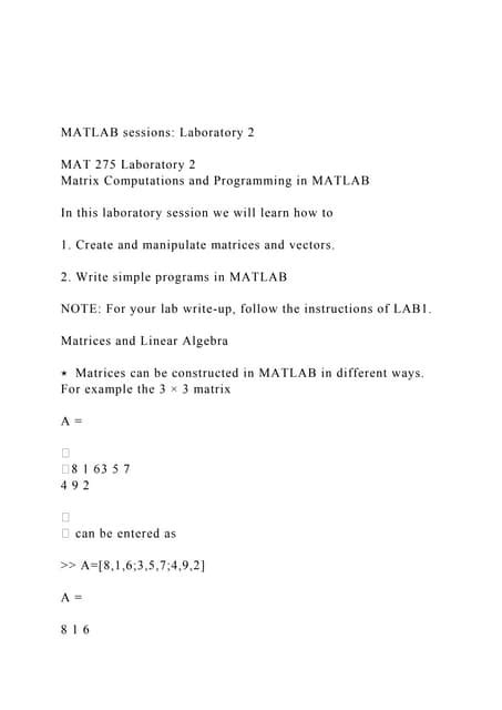 Matlab Sessions Laboratory 2mat 275 Laboratory 2matrix Docx