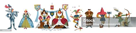 중세 문자 세트 중세 벡터 일러스트레이션의 사람들 왕 여왕 공주 기사 광대 흰색 배경에 고립 된 궁수 중세에 대한 스톡 벡터 아트 및 기타 이미지 Istock