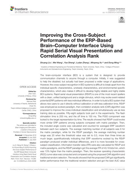 Pdf Improving The Cross Subject Performance Of The Erp Based Braincomputer Interface Using
