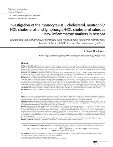 Pdf Investigation Of The Monocytehdl Cholesterol Neutrophilhdl Cholesterol And Lymphocyte