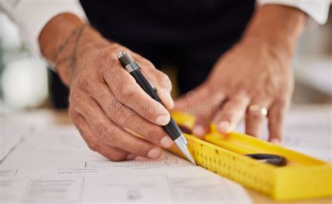 Hands Architecture And Ruler For Drawing Blueprint Paper And Engineering Of Project Building