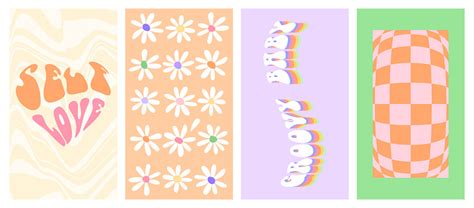 그루비 이야기와 포스트 프레임 템플릿 소셜 미디어 세트 디자인 추상적 인 복고풍 미적 히피 배경은 70 년대 80 년대 90 년대 스타일을 포장합니다 트렌디 한 소녀