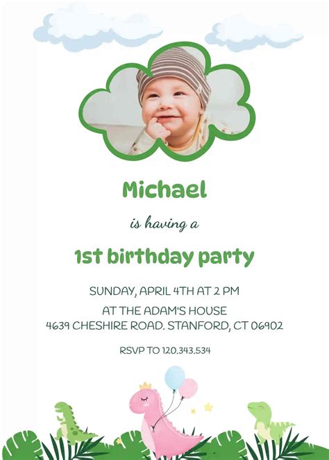 녹색 공룡 풍선 무료 첫 번째 생일 초대장 템플릿 Invitanku