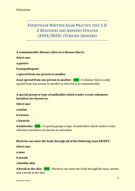 Esthetician Written Exam Practice Test 1 And 2 Questions And Answers Updated 2024 2025 Verified