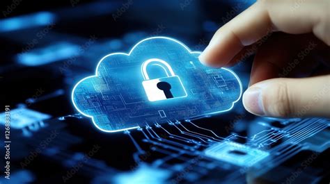 Secure Cloud Computing Concept With A Lock Icon Being Tapped By A Hand On A Digital Security