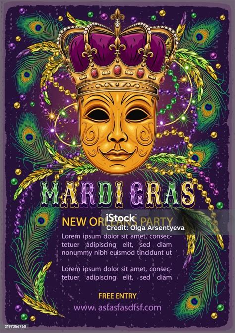 황실 왕관에 황금 베네치아 마스크가 있는 수직 카니발 포스터 흩어진 구슬 깃털 광택 있는 텍스트 마디 그라 카니발 파티 이벤트에 대 한 복사 공간이있는 빈티지 스타일의 A4