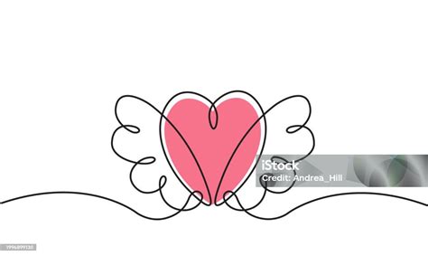 큐피드 날개가 있는 귀여운 핑크 하트 단일 선 그리기 테두리 하트 모양에 대한 스톡 벡터 아트 및 기타 이미지 하트 모양