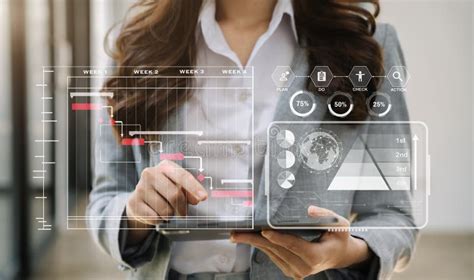 Business Woman Hand Project Manager Working And Update Tasks And Gantt Chart Scheduling Virtual