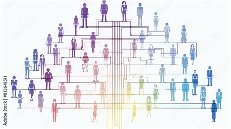 Colorful Hierarchical Network Illustration Depicting Interconnected People And Relationships