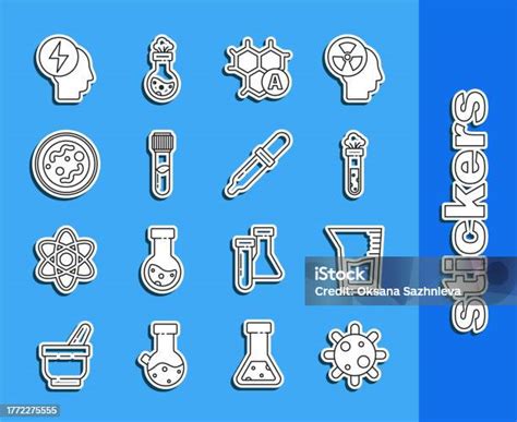 세트 라인 박테리아 실험실 유리 제품 또는 비커 시험관 및 플라스크 화학 물질 화학식 헤드 전기 기호 및 피펫 아이콘 벡터 0명에 대한 스톡 벡터 아트 및 기타 이미지