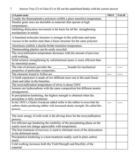 Solved 7 Answer True T Or False F Or Fill Out The