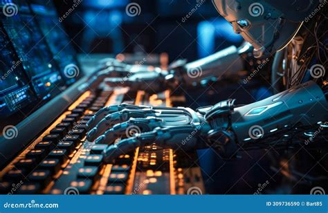 Futuristic Robotic Arms Engaged In Cyber Operations Typing Rapidly On