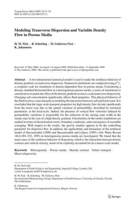 Pdf Modeling Transverse Dispersion And Variable Density Flow In Porous Media
