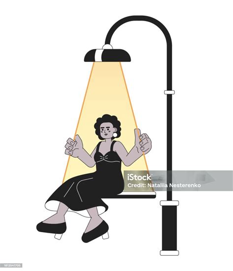흑인 여자 스윙 램프 포스트 흑백 2d 일러스트 컨셉 2차 도형에 대한 스톡 벡터 아트 및 기타 이미지 2차 도형 가로등