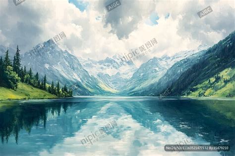 Ai创作图山湖 倒影 雪山 绿树 蓝天 白云 湖泊 自然 宁静 风景 油画 数字艺术 风景画 冷色调 宁静场景 昵图网