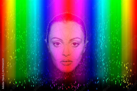 Young Woman With Face Recognition Artificial Intelligence Technology On Multi Colored Background