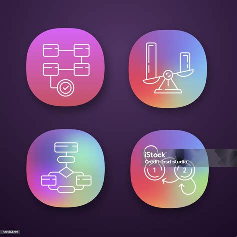 다이어그램 개념 앱 아이콘 설정 활동 비교 흐름 상태 차트 통계 데이터 및 프로세스 시각화 Ui Ux 사용자 인터페이스 웹 또는 모바일 응용 프로그램입니다 벡터 절연