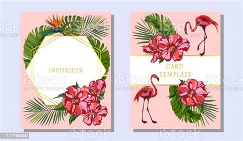 플라밍고와 열대 잎 배경 배너 전단지 초대장 포스터 웹 사이트 또는 인사말 카드에 대한 이국적인 꽃 디자인인사 초대 카드 템플릿 디자인 벡터 일러스트레이션 0명에 대한 스톡