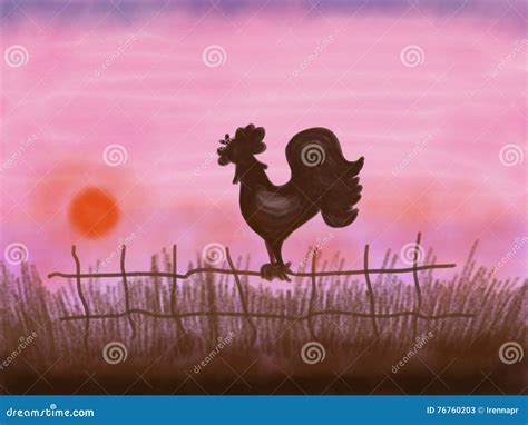 Gezogener Hahn Mit Sonnenuntergang Oder Sonnenaufgang Stock Abbildung Illustration Von Morgen