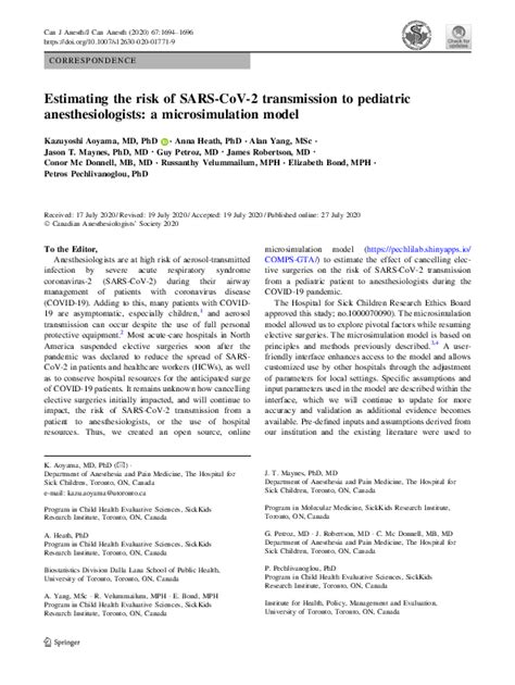 Pdf Estimating The Risk Of Sars Cov 2 Transmission To Pediatric Anesthesiologists A