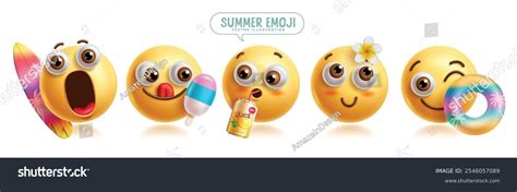 ชุดอักขระอีโมจิในฤดูร้อน ตัวละครภาพตัดปะสามมิติของอิโมจิในการท่องเว็บกินไอติมดื่มและว่ายน้ำองค์