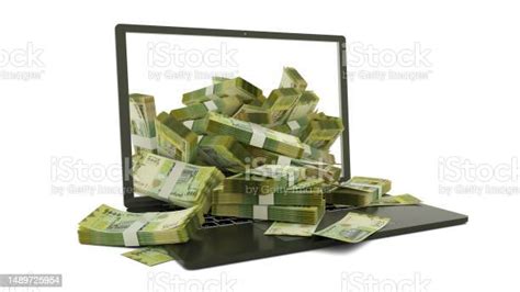 예멘 리알 노트의 3d 렌더링은 흰색 배경에 분리된 노트북 모니터에서 나옵니다 노트북 안에 있는 예멘 리알 지폐 더미 컴퓨터에서 돈 노트북에서 돈 Number 1000에