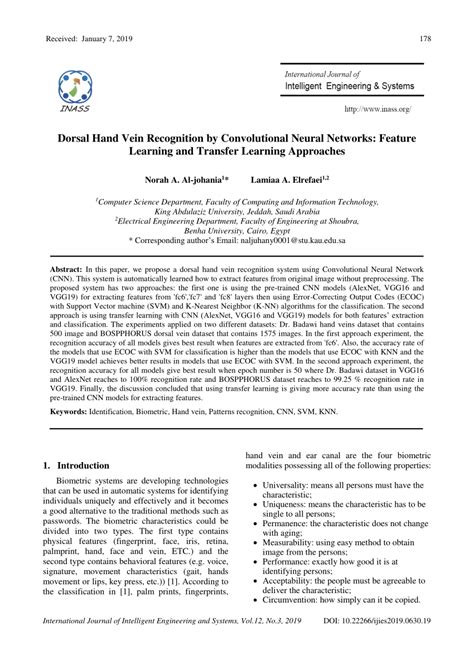 Pdf Dorsal Hand Vein Recognition By Convolutional Neural Networks Feature Learning And