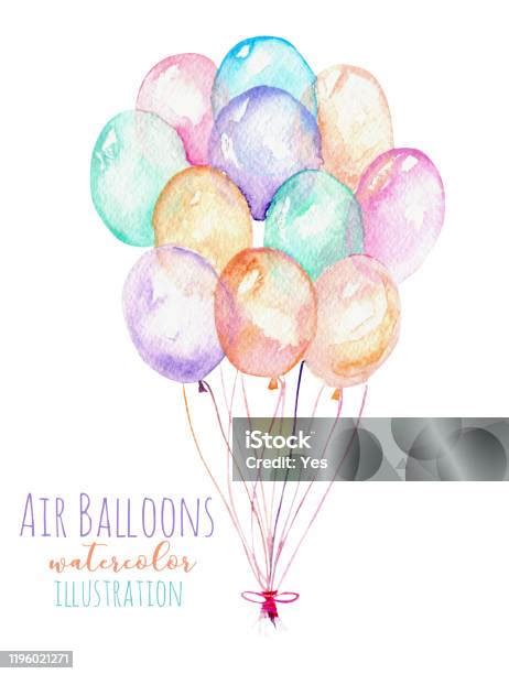 수채화 공기 풍선 의 번들 그림 흰색 배경에 고립 된 손으로 그린 수채화에 대한 스톡 벡터 아트 및 기타 이미지 수채화 풍선 열기구 Istock