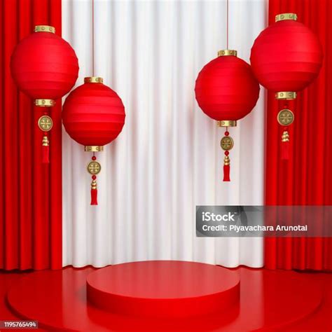 빨간색과 흰색 커튼 배경 3d 렌더링의 배경에 연단 디스플레이와 중국 등불 스탠드 0명에 대한 스톡 사진 및 기타 이미지 0명 공연 공휴일 Istock