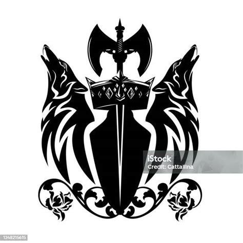바이킹 전투 도끼 장미 꽃과 로얄 크라운 흑백 벡터 전령 디자인과 울부 짖는 늑대 늑대에 대한 스톡 벡터 아트 및 기타 이미지 늑대 스칸디나비아 문화 로고 Istock