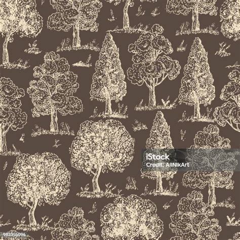 숲 배경입니다 낙 엽 나무 완벽 한 패턴입니다 손 그려진된 나무 밑그림입니다 잉크 펜 그리기 벡터 일러스트 레이 션 0명에 대한 스톡 벡터 아트 및 기타 이미지 Istock